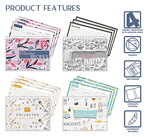 24 Pocket Mini Recipe Card Books with 100 4 x 6 Recipe Cards, 4 Pack with 4 Assorted Designs (25 Cards per Design), by Better Kitchen Products, 4 Recipe Book Sleeves + 100 Recipe Cards