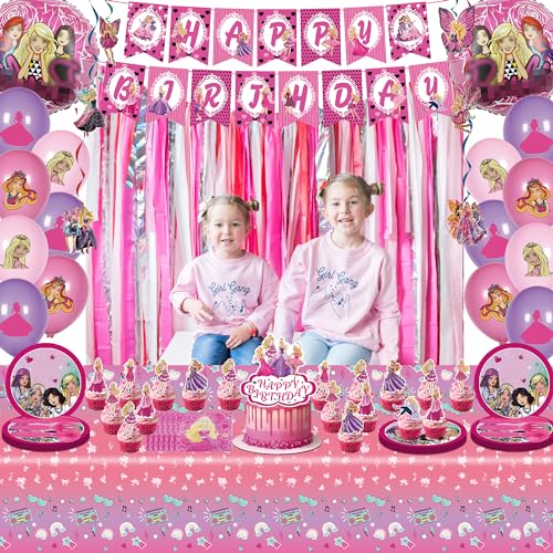 128 Pcs Pink Style Party Decorations, Pink Theme Birthday Decorations Include Banners, Tablecloth, Cake & Cupcake Topper, Backdrop, Tablewares, Balloons, Hanging Swirls, Napkins for Girls