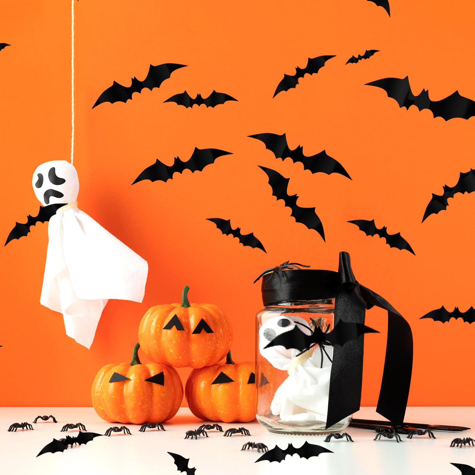 100 PCS Bats Decoration,3D Bat Room Wall Decor,4 Sizes Waterproof Black Spooky PVC Bats Stickers for Room Décor Halloween Party Supplies