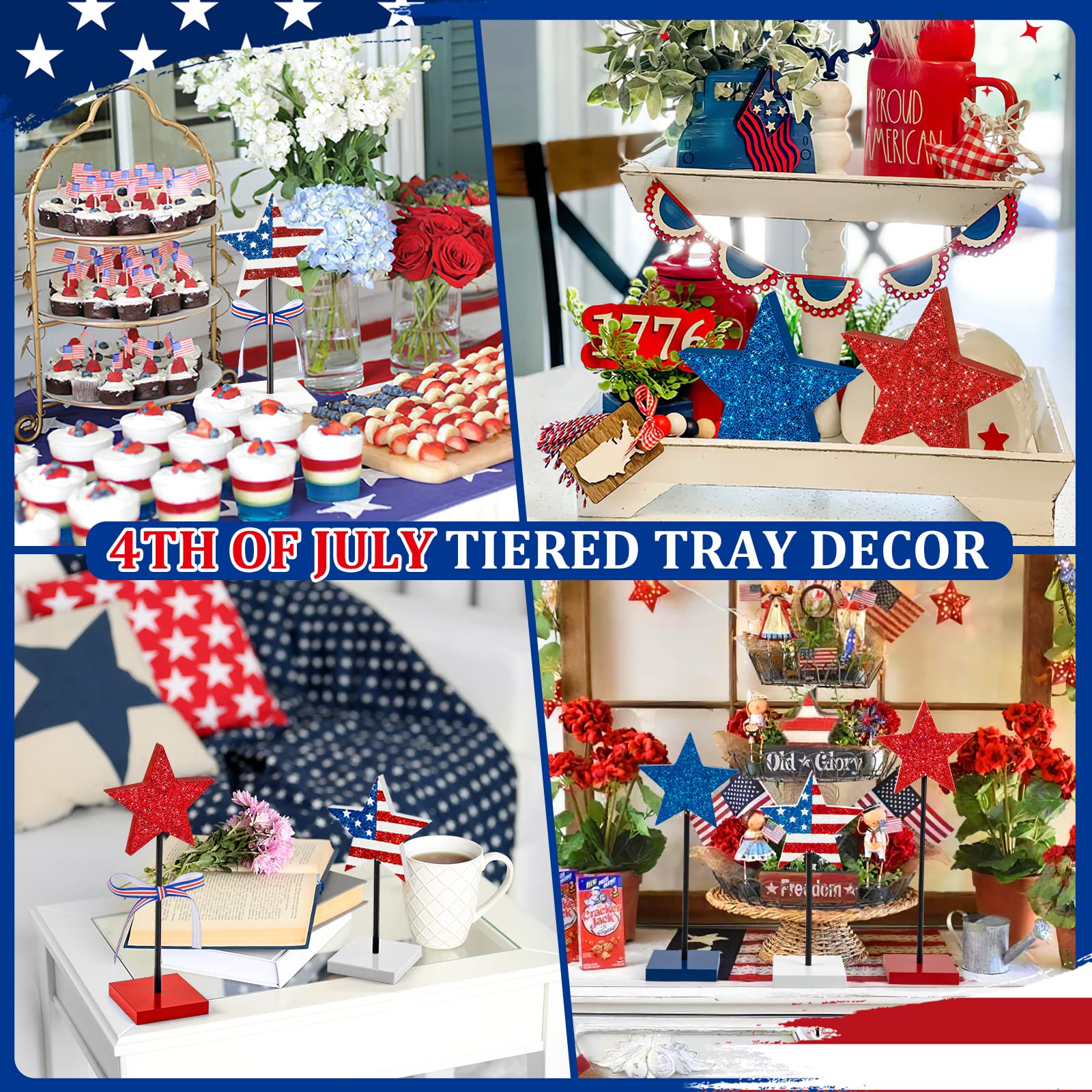 3 Pieces Labor Day Decorations Wood Star Set,Rustic Veterans Day Decorations,Red White and Blue Decorations for Home Tables, Patriotic Tiered Tray Decor(Star)