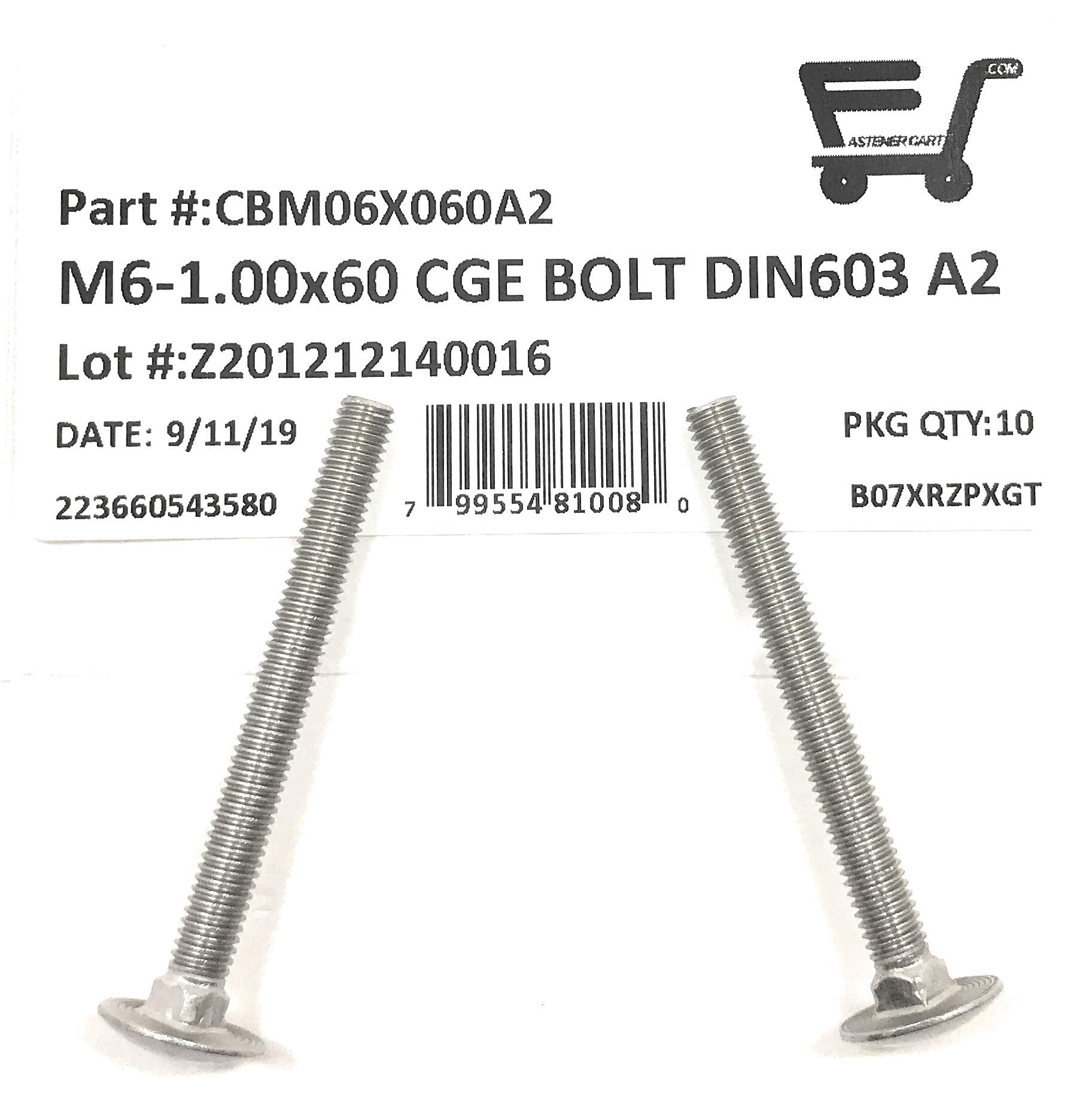 M6-1.00x60 Carriage Bolts Stainless Steel DIN603 A2 Stainless Steel (10 Pieces)