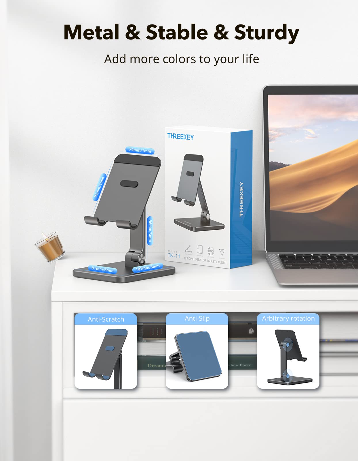 THREEKEY Tablet Stand,Cell Phone Stand, Metal Adjustable Phone Holder for Desk Compatible with iPhone iPad Mini/Air/Pro and All 4.7-11.9 Inch Tablet and Phone