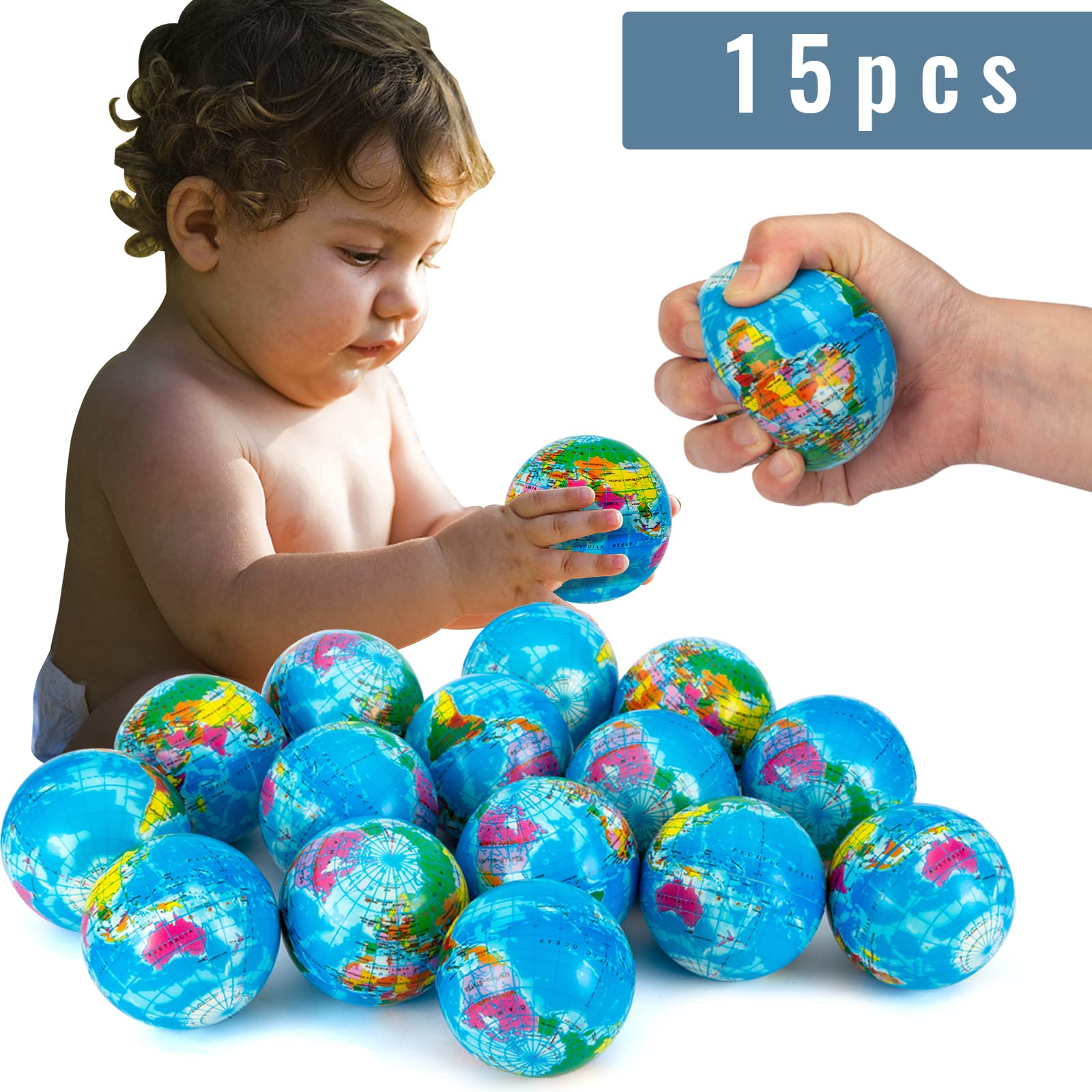 3 otters 15PCS Globe Squeeze Balls, 3 Inch Earth Stress Relief Balls Foam Squeeze Balls Educational Stress Balls for Finger Exercise School Carnival Reward Party Bag Gift