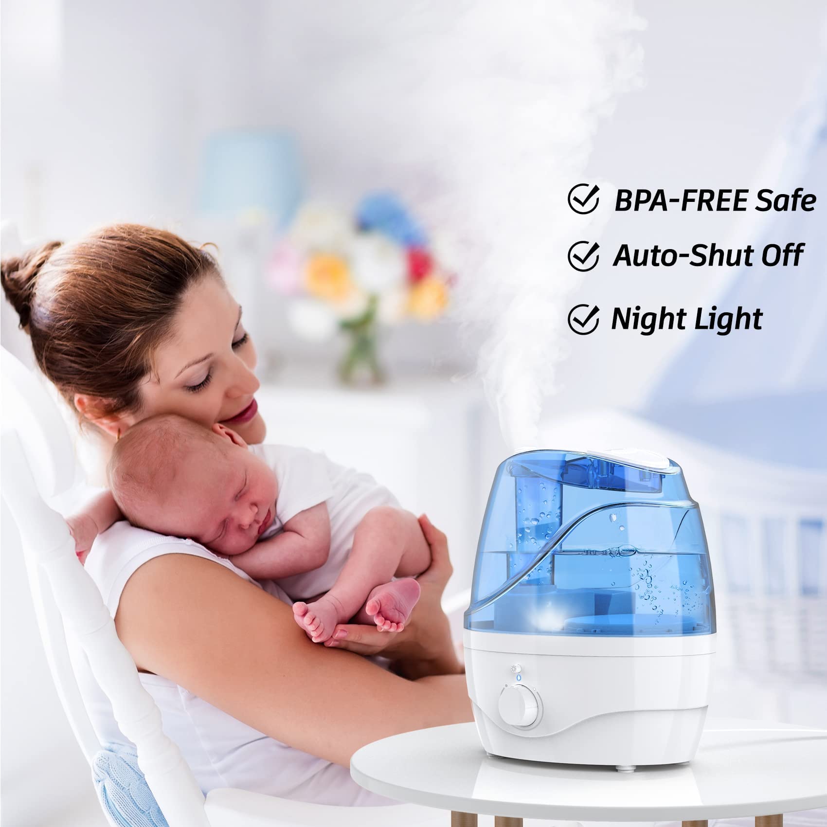2200ml Humidifiers for Bedroom, Cool Mist Humidifier for Home Nightlight, Adjustable 360°Rotation Nozzle, 30Hrs Run-Time 28dB, BPA-Free Auto-Shut Off Humidifier for Large Room, Easy to Clean (White)