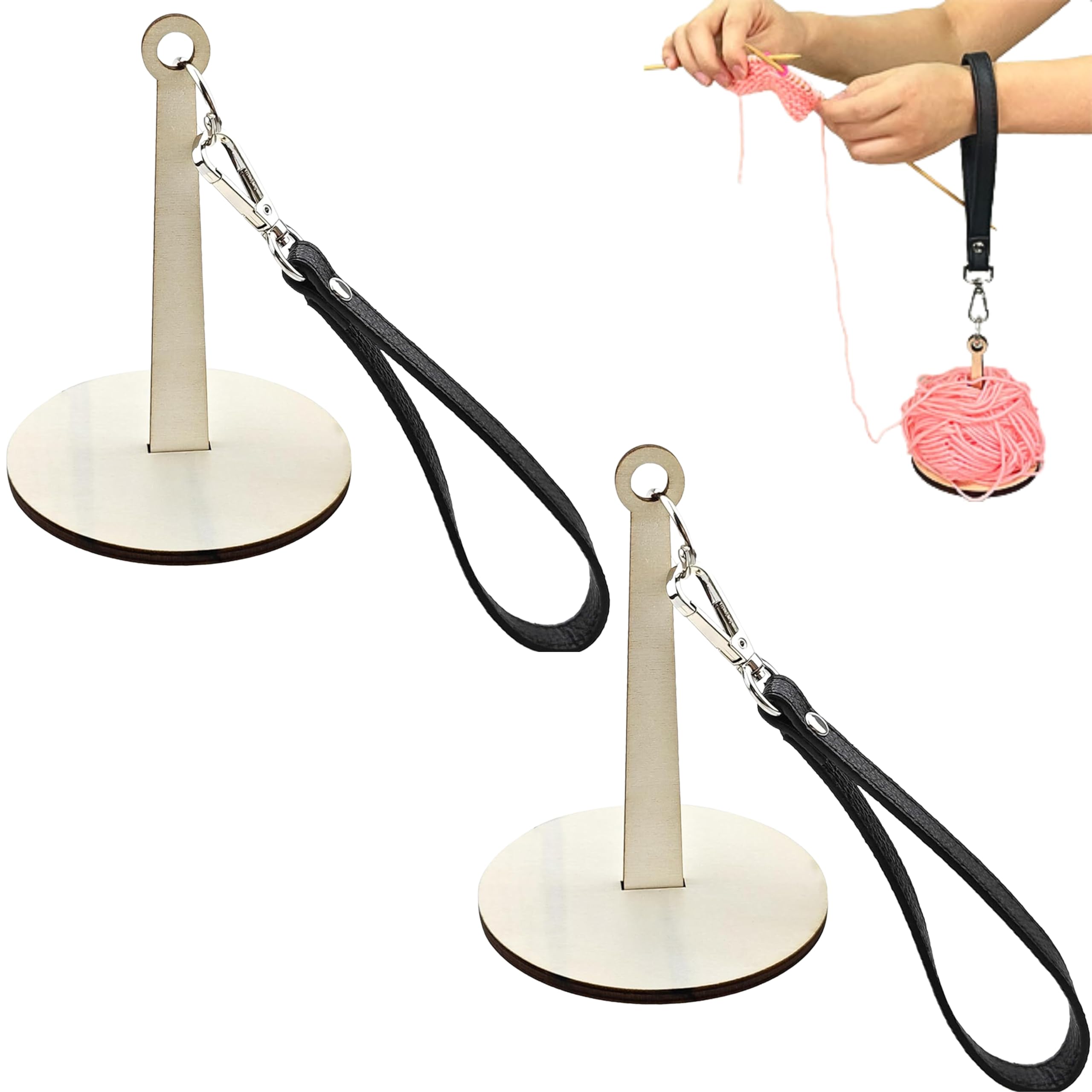 2 Pieces Portable Wrist Yarn Holder | Yarn Ball Holder | Yarn Minder | Yarn Storage | Wood Yarn Holder | Yarn Holder with Leather Wrist Strap | Yarn Holder for Knitting | Knitting Supplies