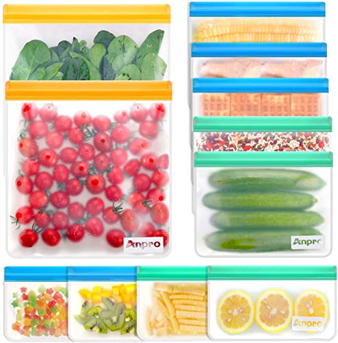 Anpro Reusable Food Storage Bags Leakproof - 11 Pack Anpro BPA Free Freezer Bags (2 Reusable Gallon Bags, 5 Resuable Sandwich Bags, 4 Reusable Snack Bags), Silicone Bags for Lunch