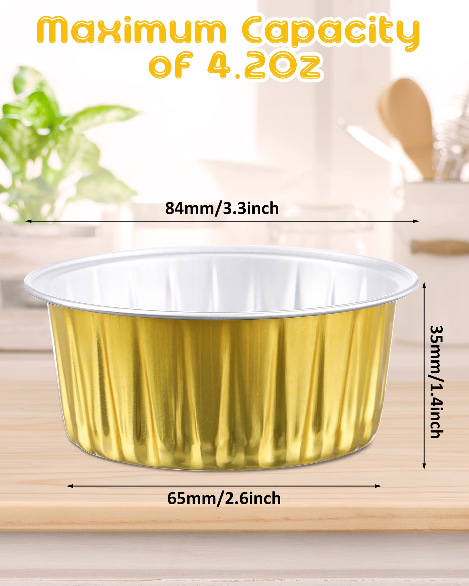 150 Pcs Patelai Aluminum Foil Cups 4.2 oz Mini Baking Cups Gold Cupcake Liners Disposable Ramekins Foil Muffin Pans for Pie Souffle Pudding Holder Wedding Birthday Party (Round)