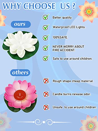 12 Pcs Floating Pool Lights Lotus Floating Lanterns LED Lifelike Floating Lamp Battery Operated Lily Pad Flower Candle Fun Pool Accessories for Pond Decor, Yellow Light (White, 3.94/5.91 Inch)