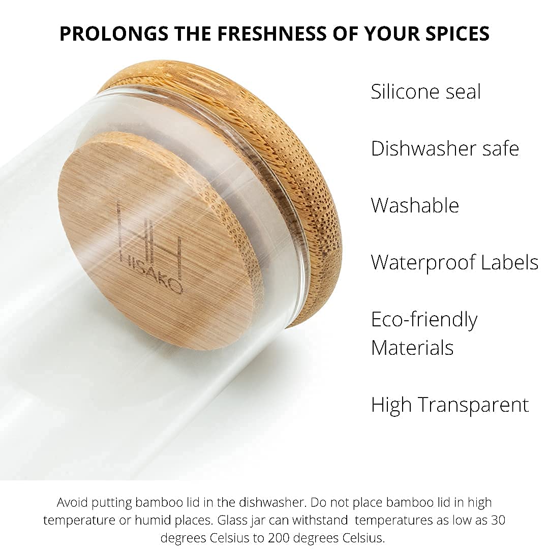 12 Piece- 5oz Eco-friendly Bamboo Lid Glass Spice Jar Set with 84-Minimalist Pre-Printed Waterproof Spice Labels, 16-Blank Labels– For Spices, Seasoning, Herb Storage and Kitchen Organization