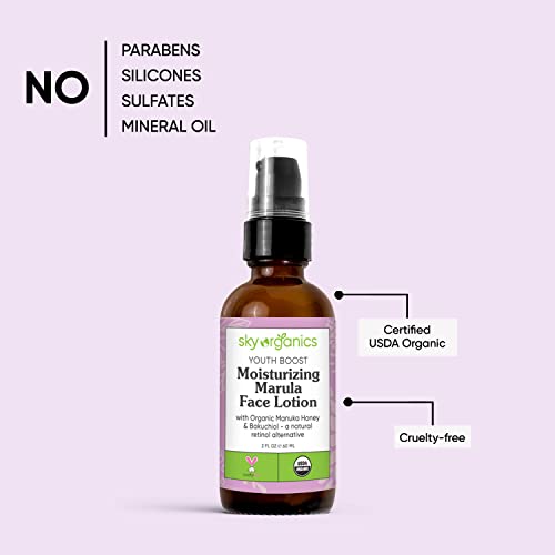 Sky Organics Youth Boost Moisturizing Marula Face Lotion for Face USDA Certified Organic to Moisturize, Nourish & Boost Glow, 2 fl. Oz