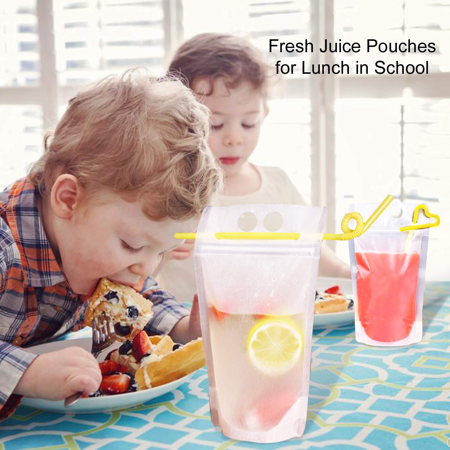150 Pcs Zipper Plastic Pouches Drink Bags,Juice Pouches Heavy Duty Hand-Held Translucent Reclosable Stand-up Bag with 150 pcs Individual Package Straws & Funnel Included