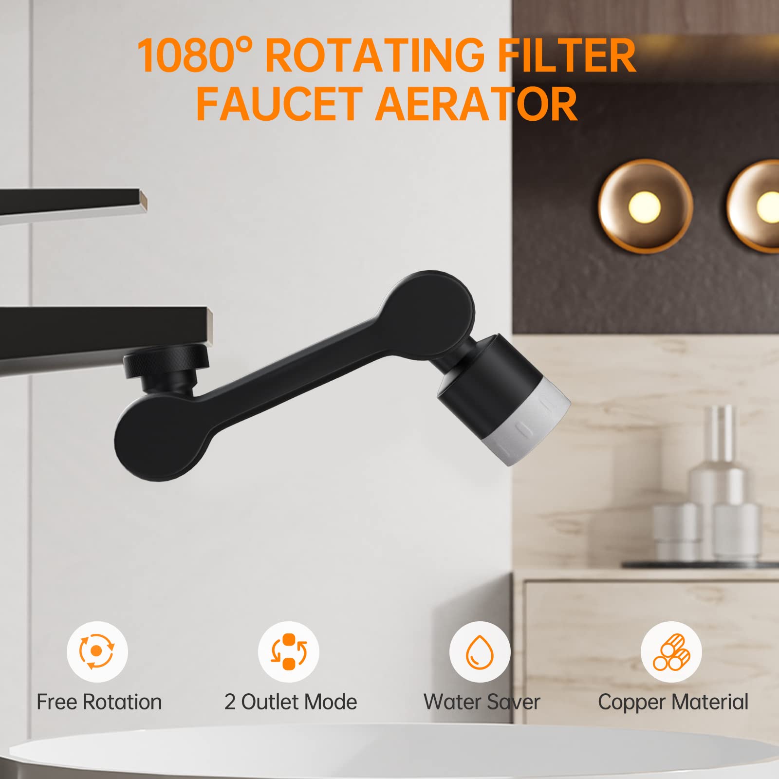 1080° Swivel Faucet-Extender Universal Sink-Water-Aerator - 2 Mode Splash Filter Extension, Kitchen Bathroom rotatable multifunctional extension faucet, Multifunctional Robotic Arm - BLACK