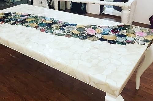 42 x 72 Inches White Rectangle Shape Marble Dining Table Top Gemstone Epoxy Art Reception Table for Hotel Furniture Decor