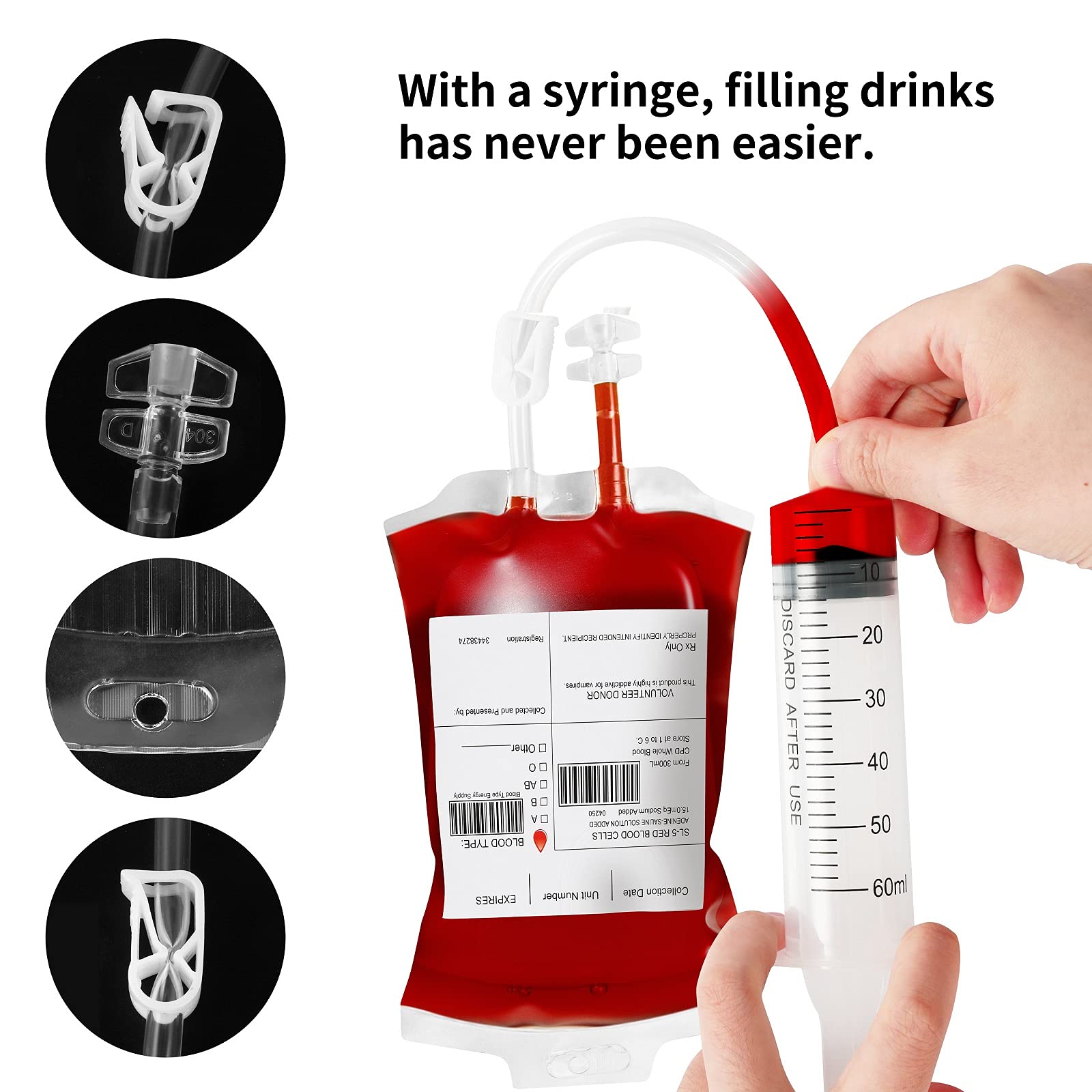 20 Packs Halloween Blood IV Bags for Drinks Reusable Container Drinks Pouches for Vampire Zombie Theme Party Decoration Supplies with Syringe and Clips, 10.15 fl.oz (20pcs Bag, 20 Label, 2 Syringes)