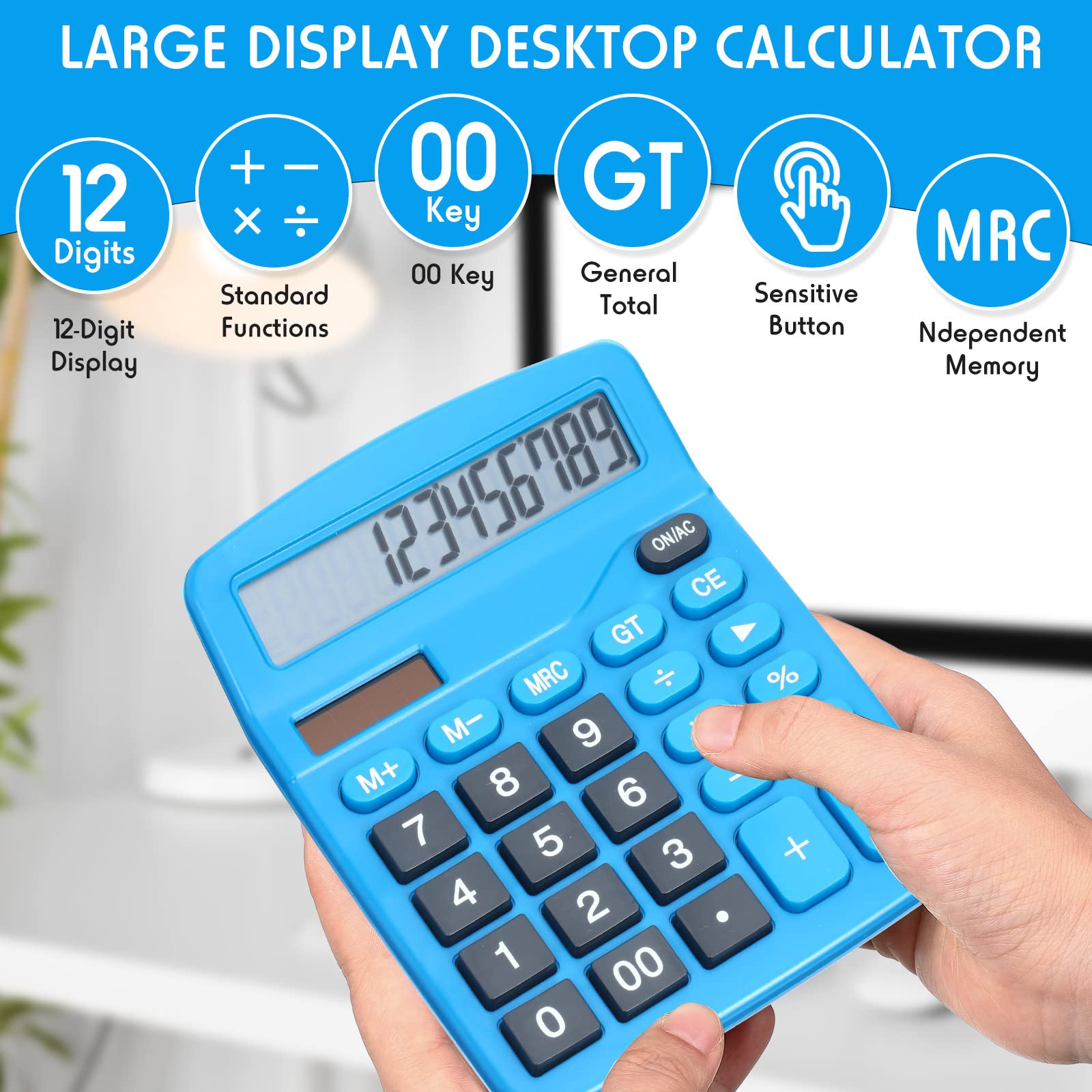12 Pieces 12 Digit Desktop Calculator with Large LCD Display and Sensitive Button Office Desk Calculator Solar and Battery Dual Power Handheld Business Calculator for Office Home School, Dark Blue