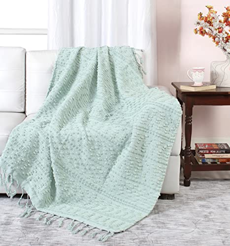 ACCENTHOME Cotton Throw Blanket with Tufted Decorative Design | 50''X60'' Cozy Chenille Knit Lightweight Boho Chic Blankets | Sage Soft Fringe Tassel Blankets for Couch, Bedroom, Living Room Sofa