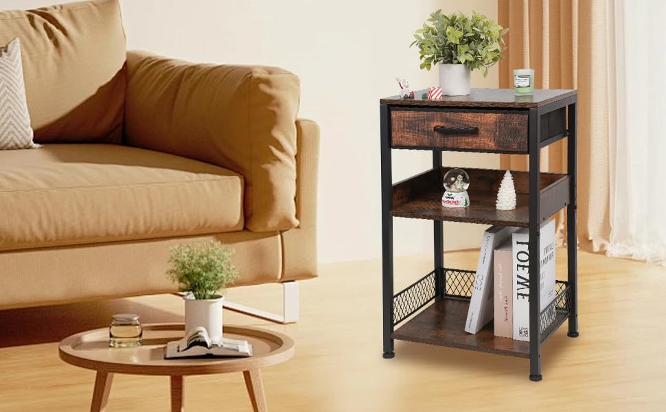 3 Tier End Table,Small Side Table with Storage Drawer,24.8 inch Tall Night Stand for Small Spaces, Brown Bedside Table,Side Table for Living Room,Bedroom,Office