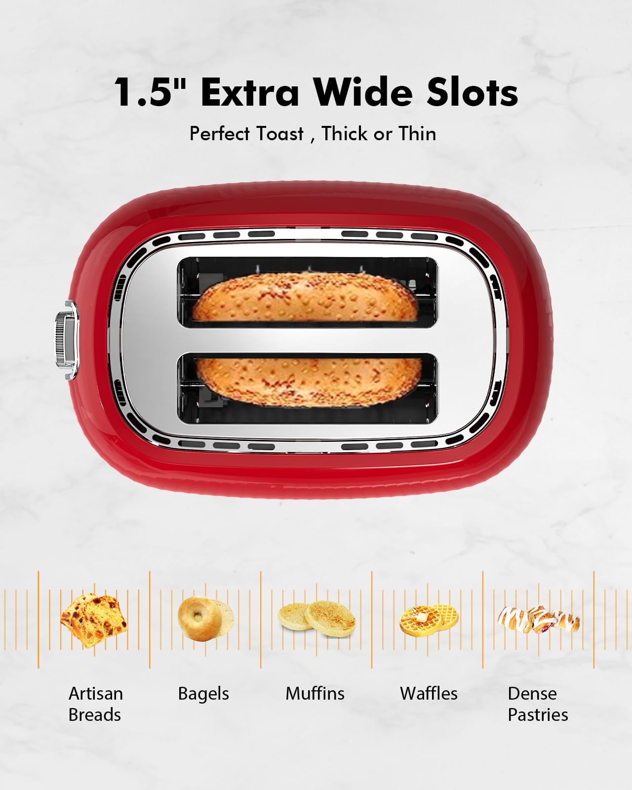 2 Slice Toaster with Extra Wide Slots & Removable Crumb Tray - 6 Browning Options, High Lift, Auto Shut Off & Frozen Function, Toast Fruit Bread, Bagel & Waffle, Red