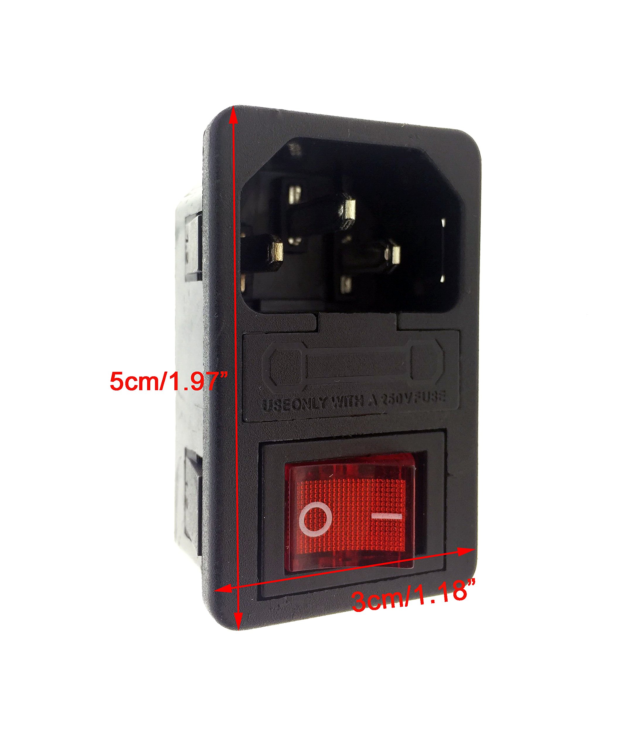 3 Pin IEC320 C14 Inlet Male Plug Power Socket Red Light Boat Rocker Switch with Fuse Holder Neon Lamp Supply Jack Connector AC 250V 10A, 2-Pack