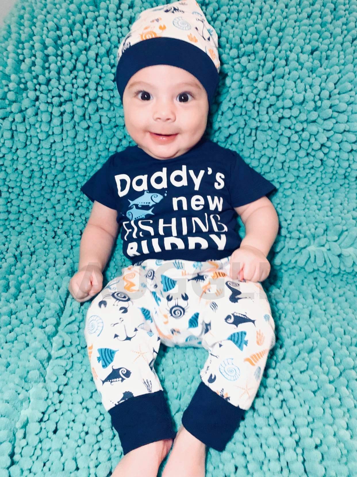 3PCS Baby Boys' Daddy's New Fishing Buddy Outfit Set Short Sleeve Bodysuit, Blue02, 0-3 Months