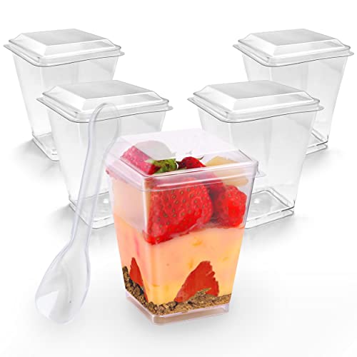 50pack 5oz Clear Plastic Dessert Cups With Lids And Spoons - Mini Parfait Cups With Lids - Appetizer Cups For Parties Small Dessert Cups With Spoons (50 Cups + 50 Lids + 50 Spoons)