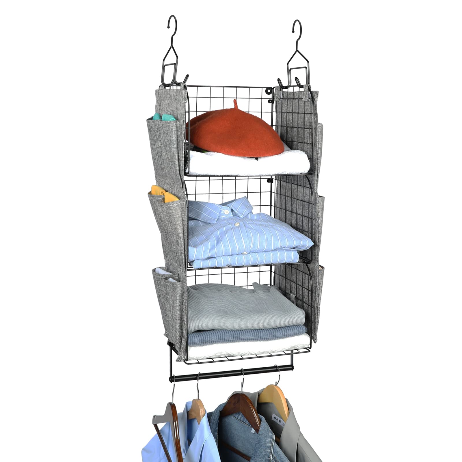 3 Tier Hanging Shelves Wall Mount Metal Wire Basket with 9 Canvas Pockets &Removable Hooks,Foldable 3-Shelf Clothing Closet Storage Organizer for Bedroom Baby Nursery Cloth Sweaters Handbags Cap Black