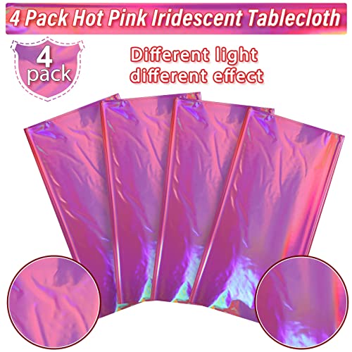 4 Pack Hot Pink Iridescence Plastic Tablecloths Shiny Disposable Laser Rectangle Table Covers Holographic Foil Tablecloth Party Decorations Birthday Bridal Wedding Christmas, 54 x 108 Inch