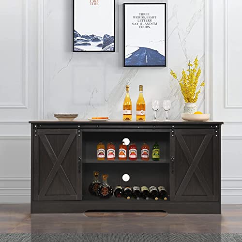 4 EVER WINNER Buffet Cabinet with Storage, 60β Kitchen Sideboard Cabinet with Sliding Barn Doors, Farmhouse Coffee Bar Cabinet Black Buffet Server Cabinet for Living Room Dinning Room, Espresso