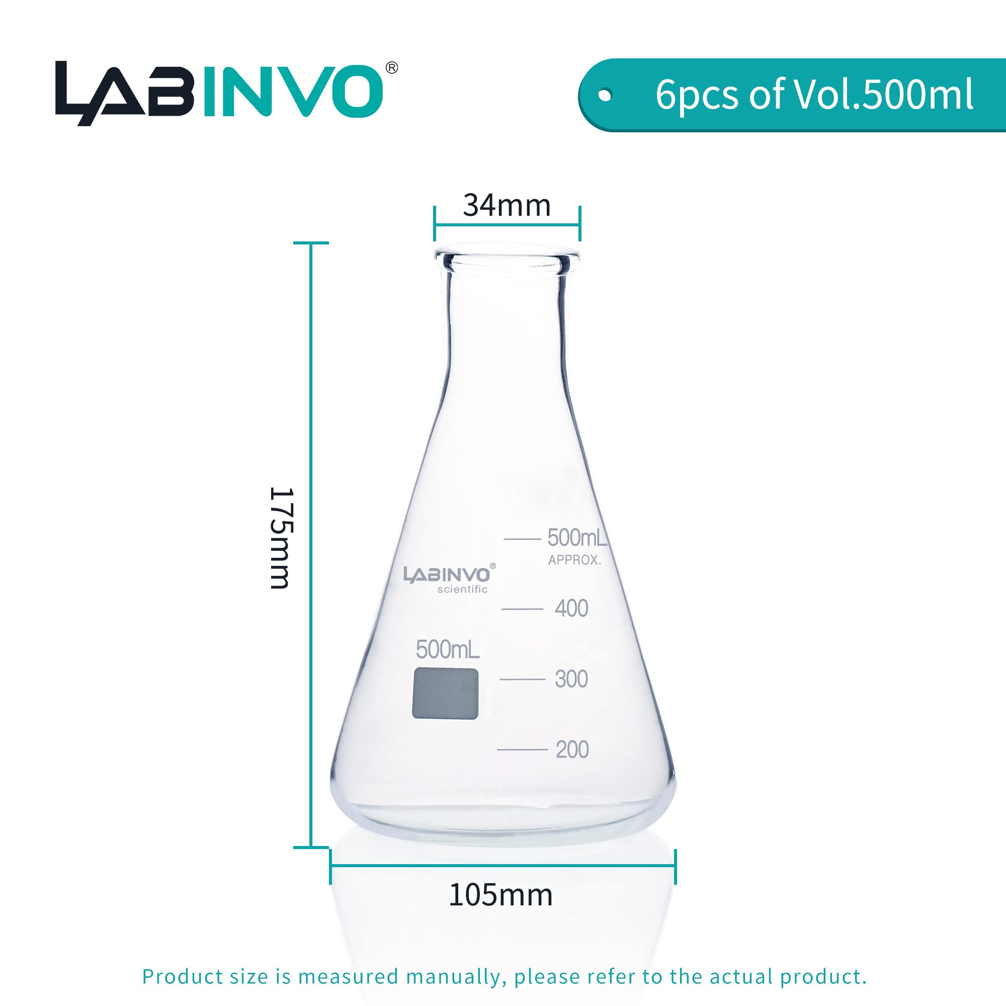 LABINVO 500ML Glass Erlenmeyer Flask, Narrow Mouth Graduated Conical Flask with Marking Spot, 6pcs of 3.3 Borosilicate Glass Flask Set, IN-EFN500