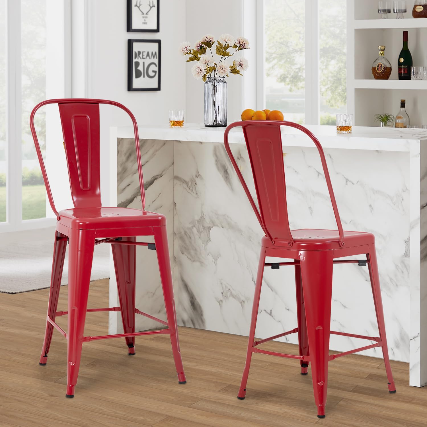 24 Inches Bar Stool Set of 4 Counter Height Barstool with Back Seat Height Industrial Bar Chairs Indoor Outdoor Metal Bar Stool Kitchen Stools Restaurant Patio Stool Stackable Modern Kitchen Stool