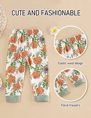 bilison Toddler Baby Girl Clothes Solid Color Ruffle Tops Floral Pants with Headband Outfit Set