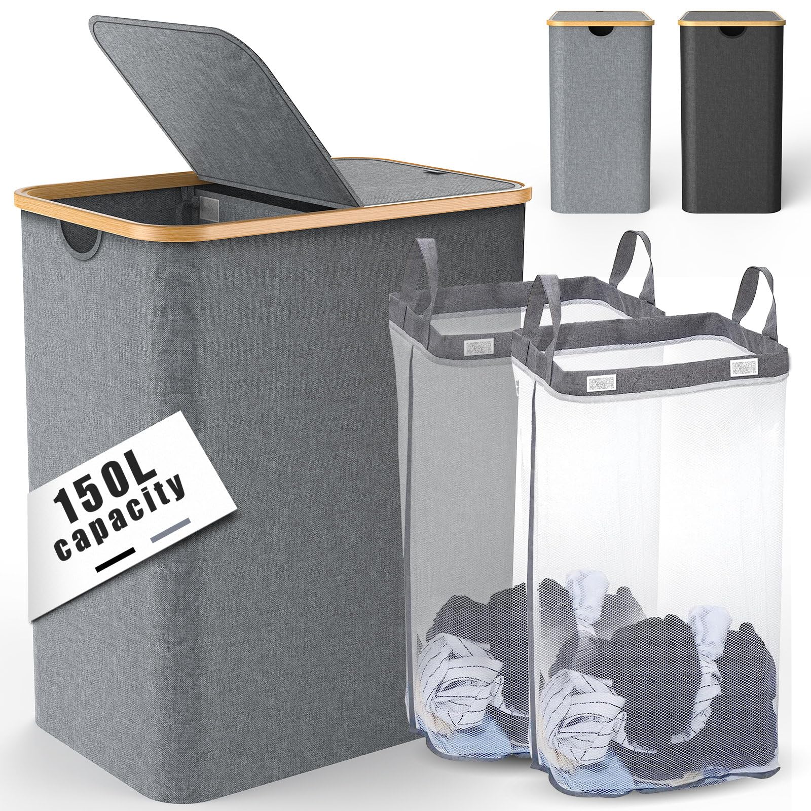 150L Double Laundry Hamper with Lid - CHAMUTY Dirty Clothes Hamper, Collapsible Laundry Baskets, Tall and Slim Design, Perfect for Dorm and Bedroom Use (Grey)