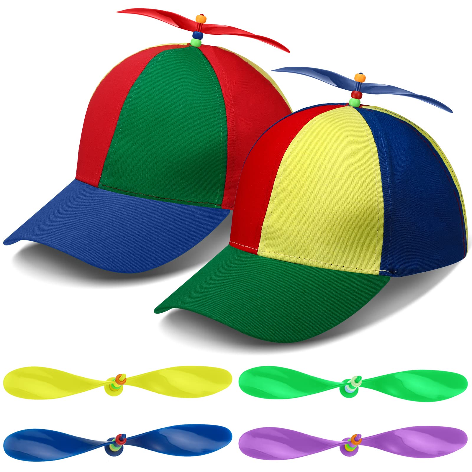 2 Pack Adult Hat Baseball Cap Brightly Rainbow Top Hat with 4 Replaceable Bamboo Dragonflies for Halloween(Green, Blue Brim)