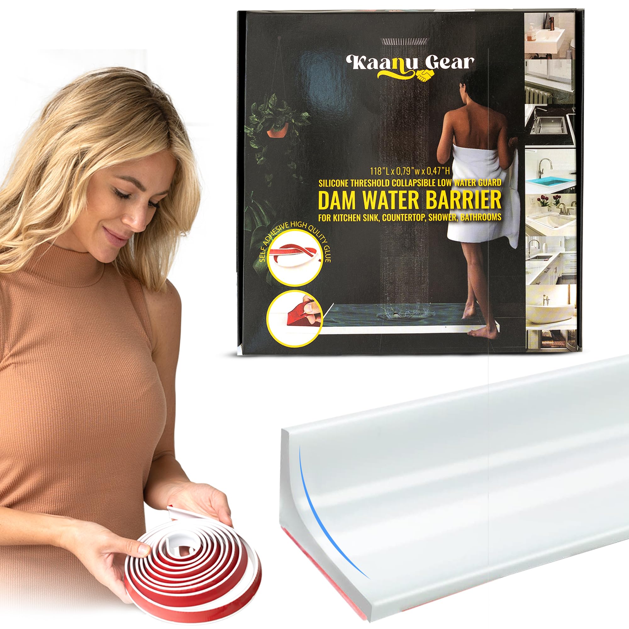 118 Inch Collapsible Shower Threshold Water Dam Adhesive Silicone 0.47 High Shower Dam Water Stopper Barrier For Bathroom Kitchen Splash Guard Edge Trim Strip For Dry and Wet Separation (White)