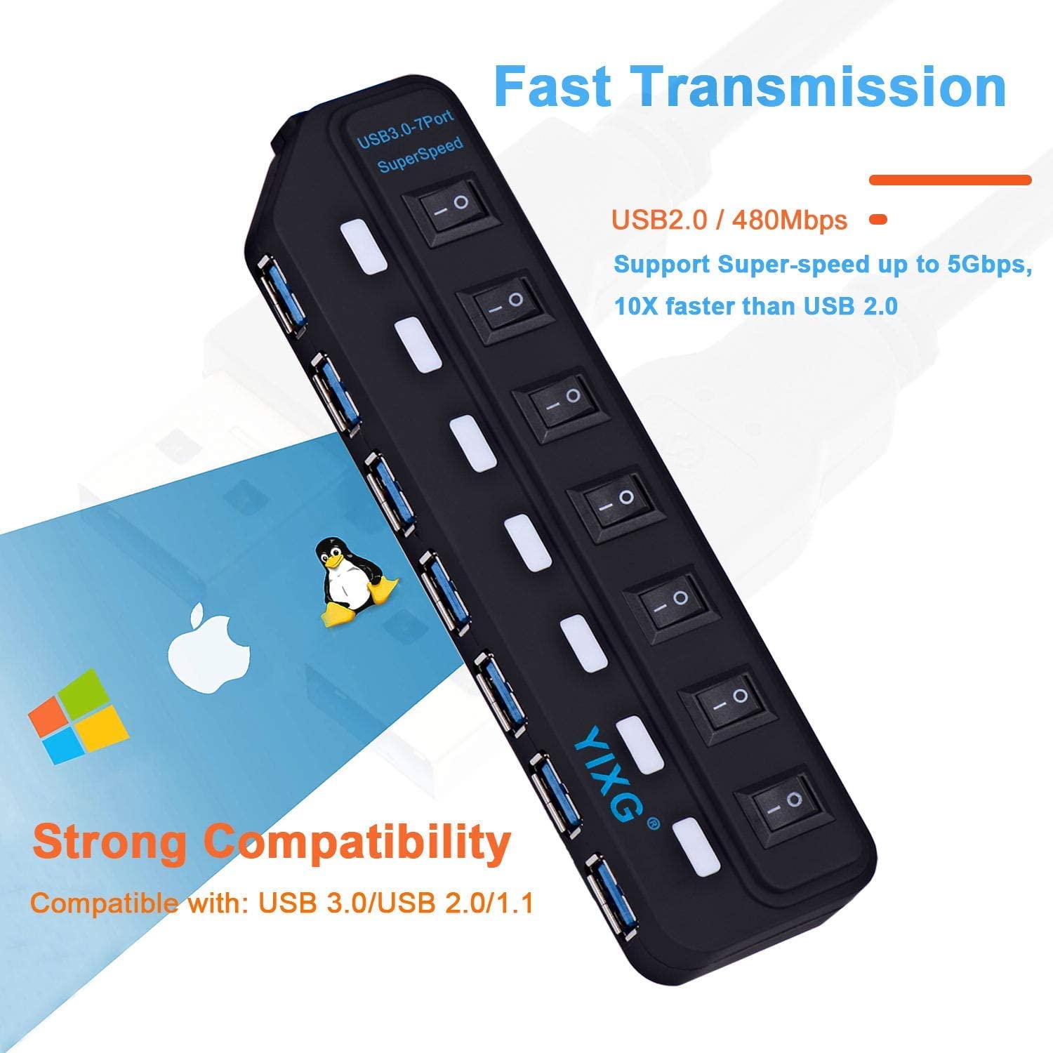 USB HUB - USB 3.0 Ports with Individual Power Switch, Data Splitter & Power Hub (7 Ports)