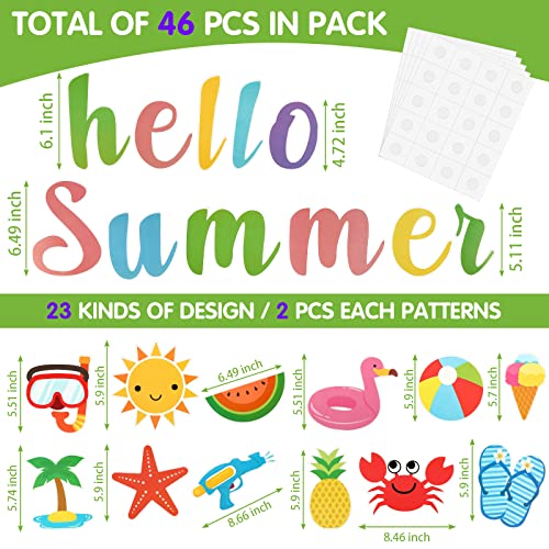 46 Pcs Hello Summer Cutouts Summer Bulletin Board Set Hawaii Ice Cream Watermelon Palm Tree DIY Paper Cutouts Wall Decals Beach Party Decorations for Classroom Kindergarten Party Supplies