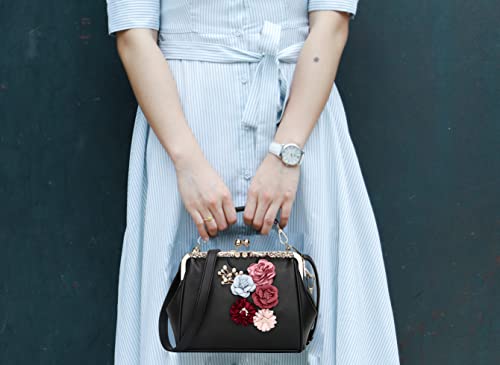 Abuyall Women's Retro Handbag Kiss Lock Shoulder Bag Vintage Purse Flowers M D