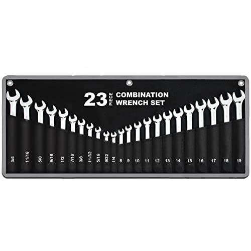 23-Piece Premium SAE and Metric Combination Wrench Set in Roll-up Pouch | Inch Size 1/4 - 3/4” and Metric Size 8 - 19mm | Chrome Vanadium Steel, Mirror Finish, 12-Point Box End and 15° Angled Open End
