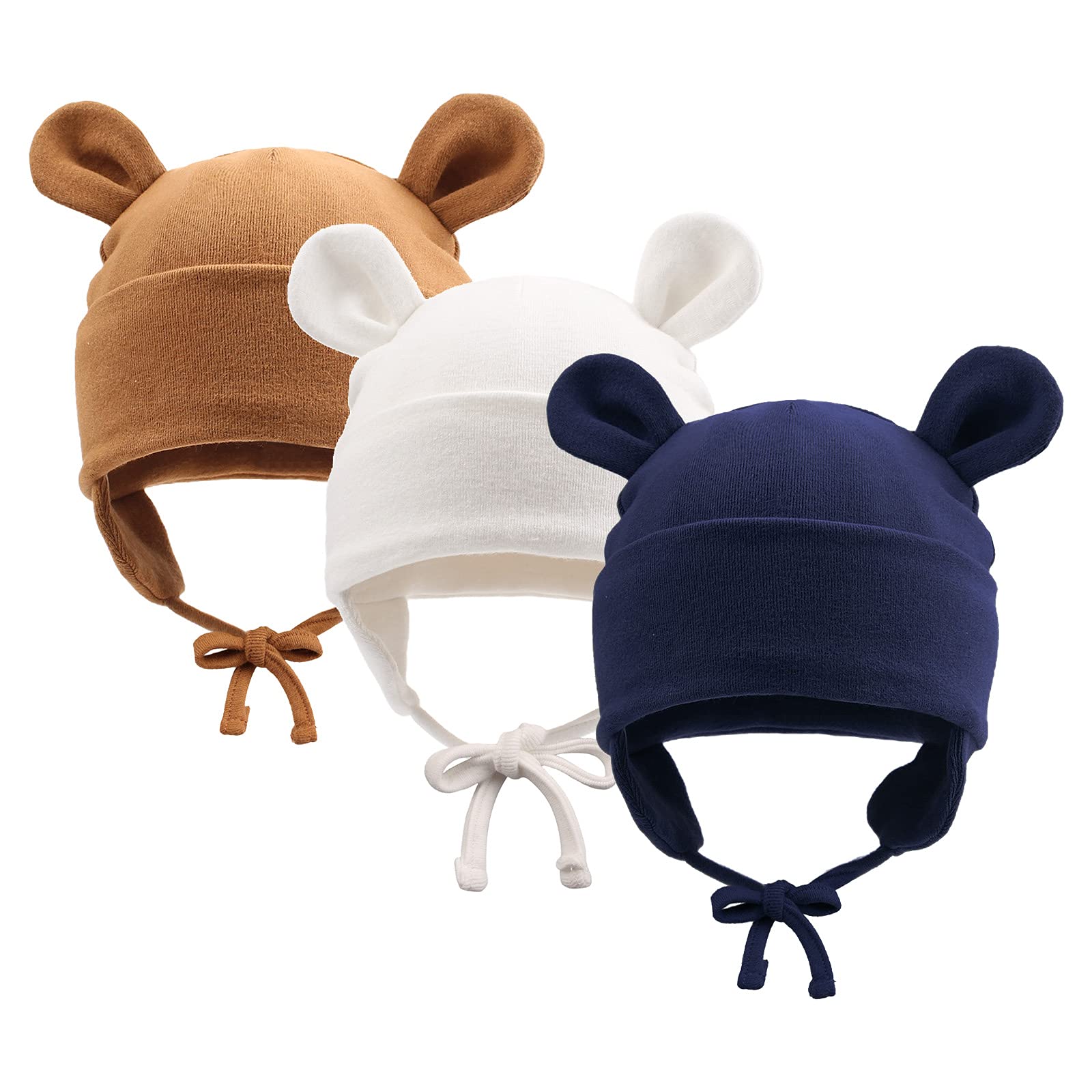 JANGANNSA Bear Cotton Newborn Hat Ear Flap Baby Hospital Cap New Born Warm Beanie for Boys Girls Autumn Winter (White+Navy Blue+Coffee, 0-6 Months)