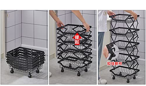 4 layers Tier Foldable No Assembly Storage Shelves with Wheels 13.5’’*10.6’’*29.7’’ Free Standing Metal Wire Rack Heavy Duty Pantry Collapsible Organizer for Kitchen Bedroom Bathroom Office Black