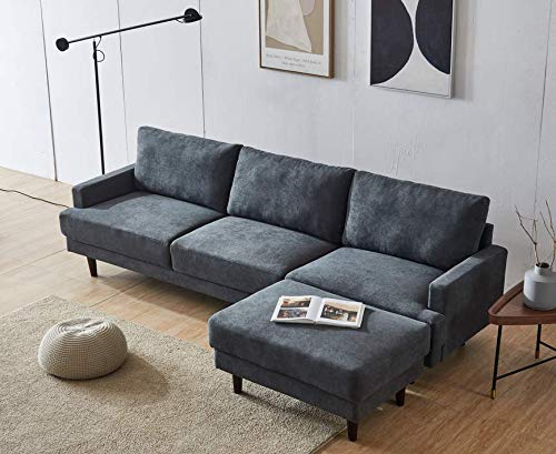 JULYFOX Dark Gray Fabric Sofa with Convertible Ottoman, L-Shaped 3-seat Corner Couch with Reversible Chaise Lounger Polyester Fabric for Living Room Office Club Small Spaces