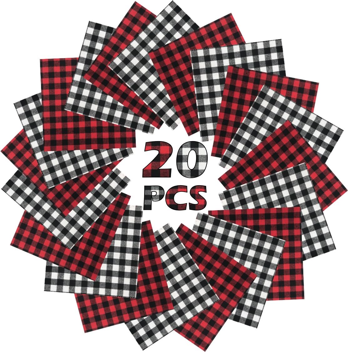 20 Pieces Precut Gingham Fabric, Xmas Cotton Buffalo Plaids Color Red/Black/White Squares for Sewing Quilting DIY Homemade Craft Decoration 10 x 10 inches (Mix)