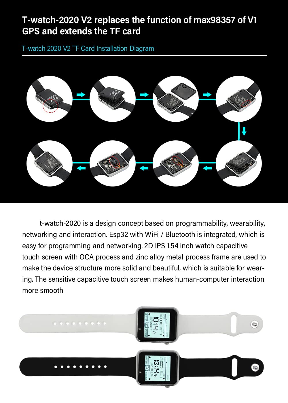 WayPonDEV T-Watch 2020 V2 ESP32-Based Programmable Watch with Arduino, ESP-IDF or MicroPython(Silver)