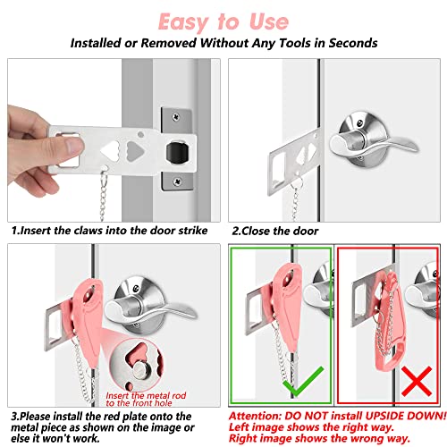 AceMining Portable Door Lock Home Security Door Locker Travel Lockdown Locks for Additional Safety and Privacy Perfect for Traveling Hotel Home Apartment College-Pink(1 Pack)