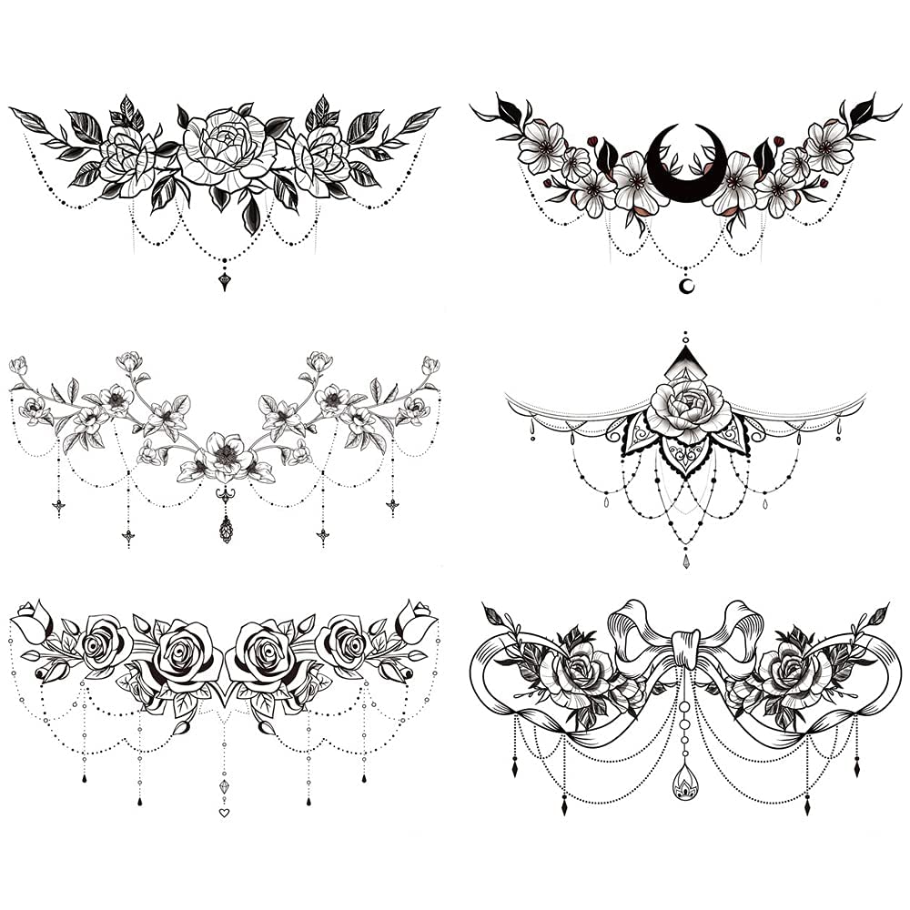 Glaryyears Chest Underboob Temporary Tattoos for Women Adult, 6 Pack Black Fake Realistic Large Long Lasting Creative Removable Tattoo Stickers, Sexy Rose Flower Tramp Stamp Sketch on Body