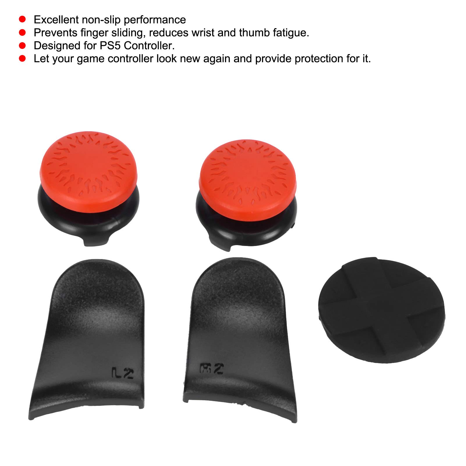 5 in 1 Controller Accessory for, Thumb Stick Grip Key Joystick Cover, L1/R2 Key Extender, Joystick Key, Cross Key (red)