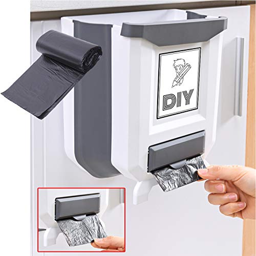 XIJING Small Hanging Kitchen Trash Can, Portable Mini Garbage Can and Collapsible Compact Trash Bin for Kitchen Cabinet Door Drawers, Room, Car, Bedroom Plastic Waste Bin - 9L/2.4 Gallon (White)