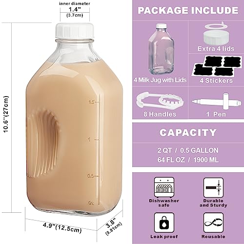 4 Pack 2 Qt Glass Milk Bottles with Airtight Reusable SCREW LID - 64 Oz Glass Juice Bottles, 1/2 Gal Glass Water Bottles, Glass Milk Jug Pitcher with 2 Exact Scale Line, Extra Free 4 Lid and 8 Handle!
