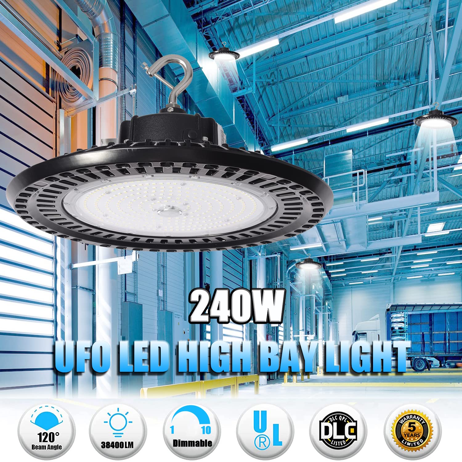 480V 240W UFO LED High Bay Light, 38400LM 5000K 1-10V Dimmable LED Shop Light, 5ft Cord 1000W HID/HPS Equivalent LED Warehouse Workshop Light, IP65 Waterproof DLC ETL Certified (240)