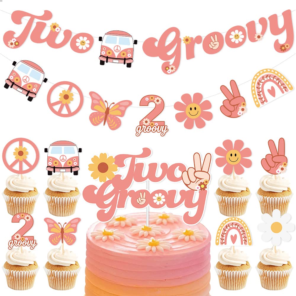 11Pcs Groovy Party Decorations, 2Pcs Two Groovy Banner 1PC Cake Toppers 8Pcs Hippie Party Cupcake Toppers Smile Daisy Flower Victory Peace Love Toppers for Baby Shower 2nd Birthday 70s Theme Boho